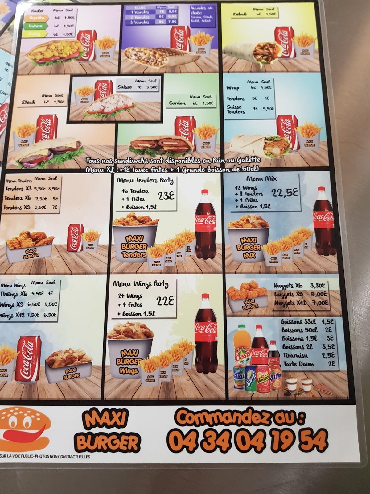 Menu au Maxi Burger restaurant, Nimes