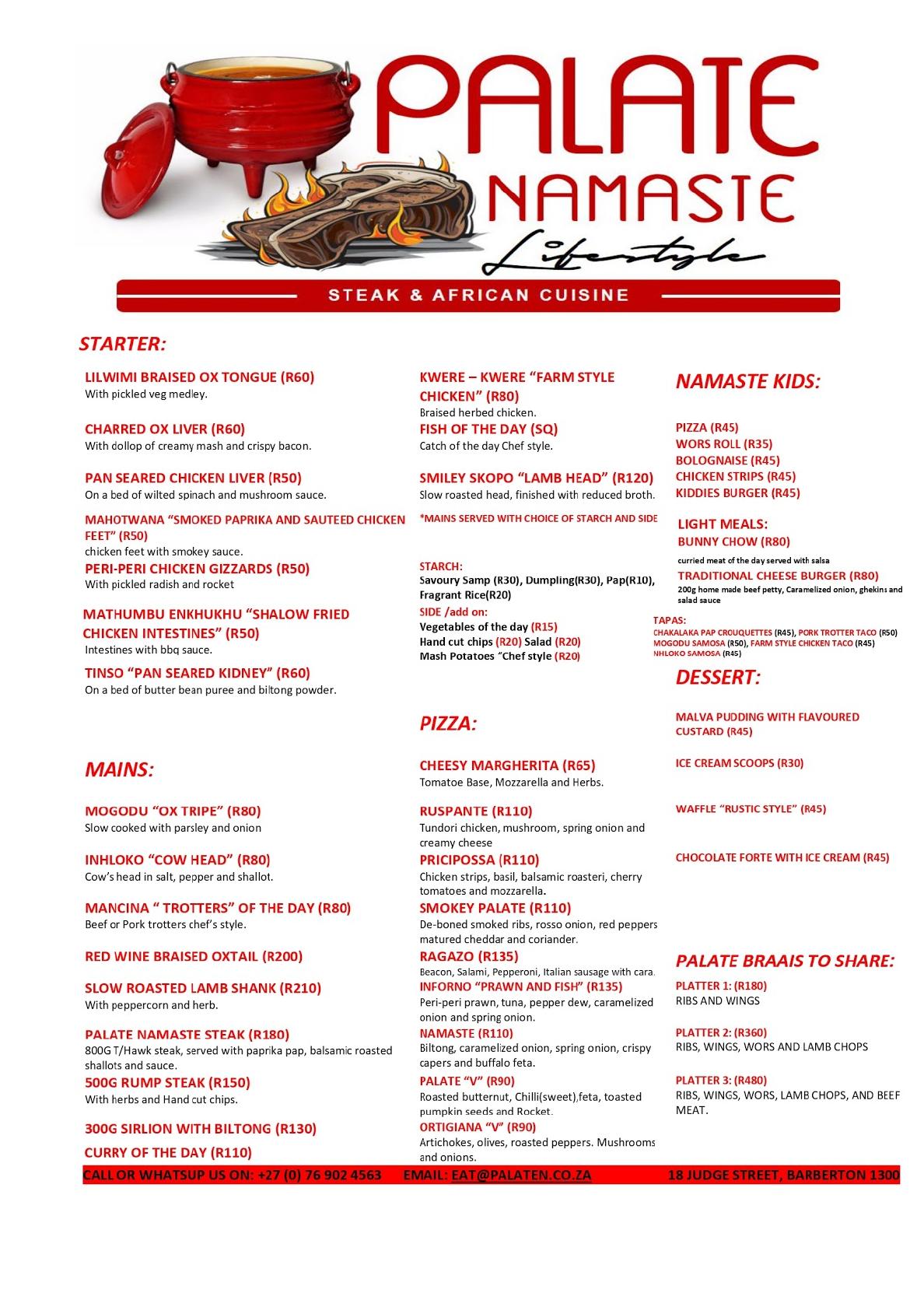 Menu at Palate Namaste Restaurant/African Cuisine/Lifestyle, Barberton