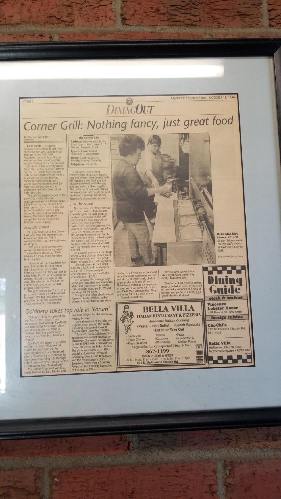 Menu at Corner Grill restaurant, Eastover, Dunn Rd