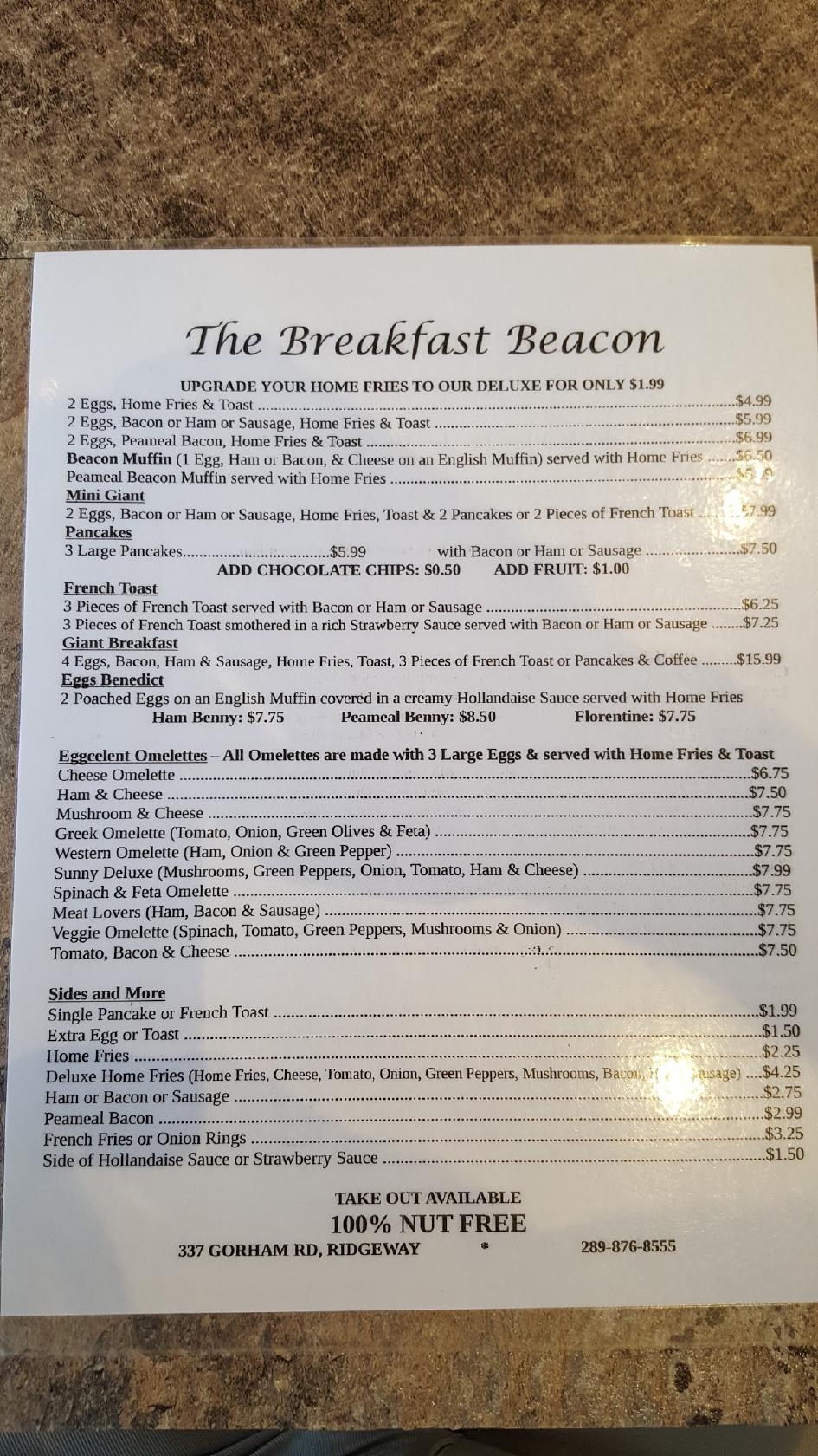 Menu at The Breakfast Beacon restaurant, Fort Erie, 404 Ridgeway Rd