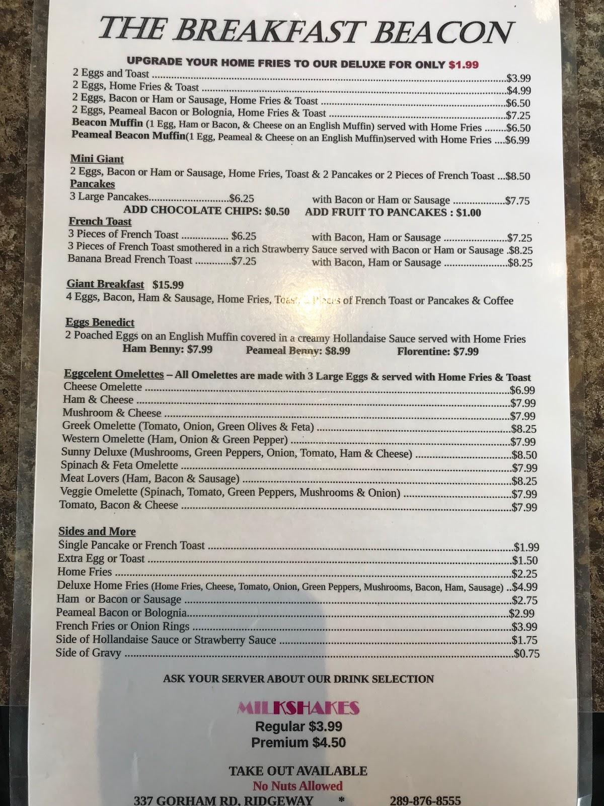 Menu at The Breakfast Beacon restaurant, Fort Erie, 404 Ridgeway Rd
