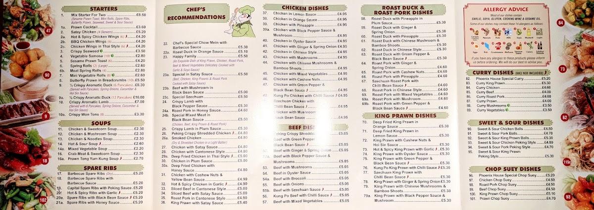 Menu at Phoenix House restaurant, Thetford