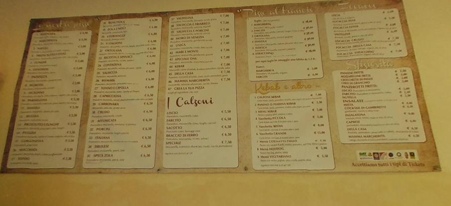 Menu au Mamma Margherita a Milano pizzeria, Milan