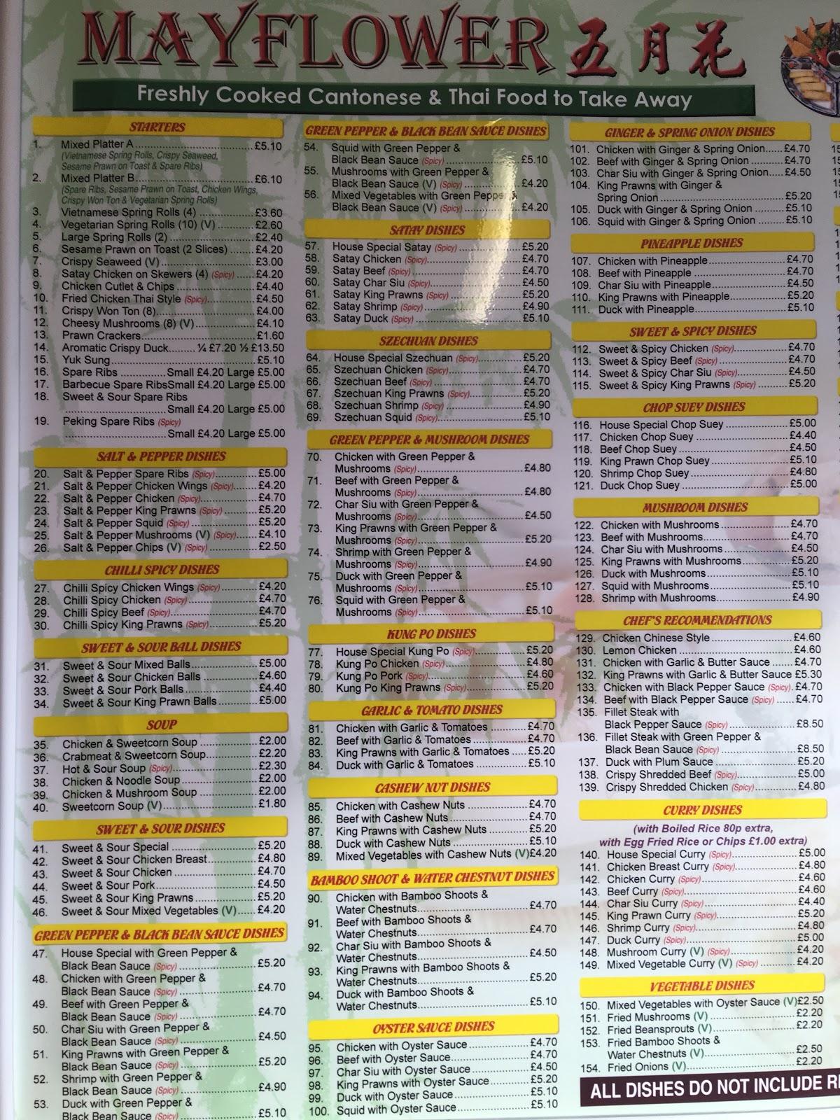 Menu at Mayflower Cantonese Take Away restaurant, Redditch