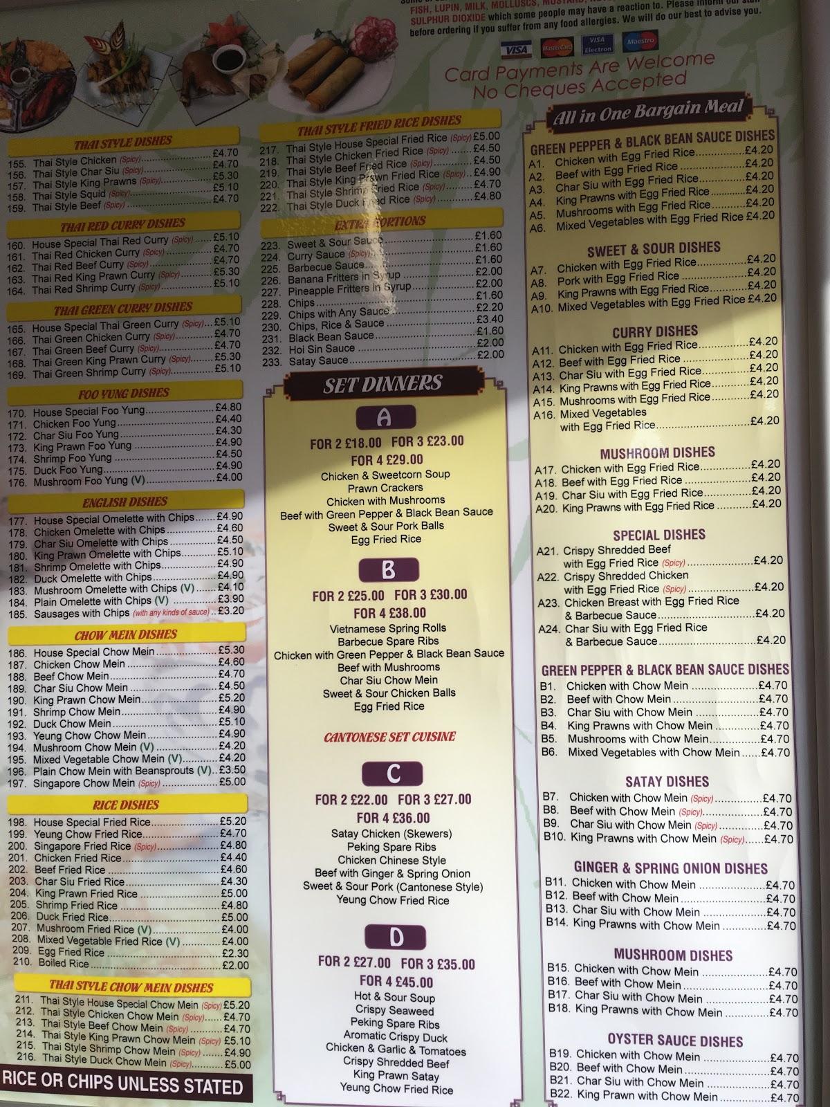 Menu at Mayflower Cantonese Take Away restaurant, Redditch