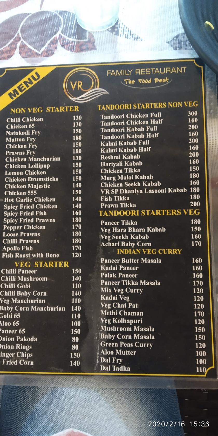 Menu at VR RESTAURANT, B.Kothakota