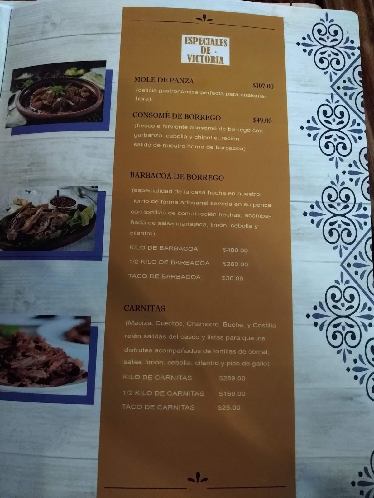 Carta del restaurante Casa Victoria, Cocina mexicana, Mineral del Monte