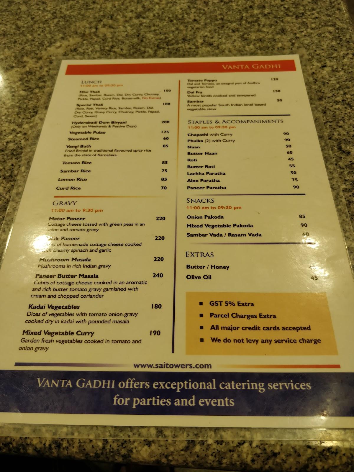 Menu at Hotel Vanta Gadhi, Puttaparthi, 5R86+GHP