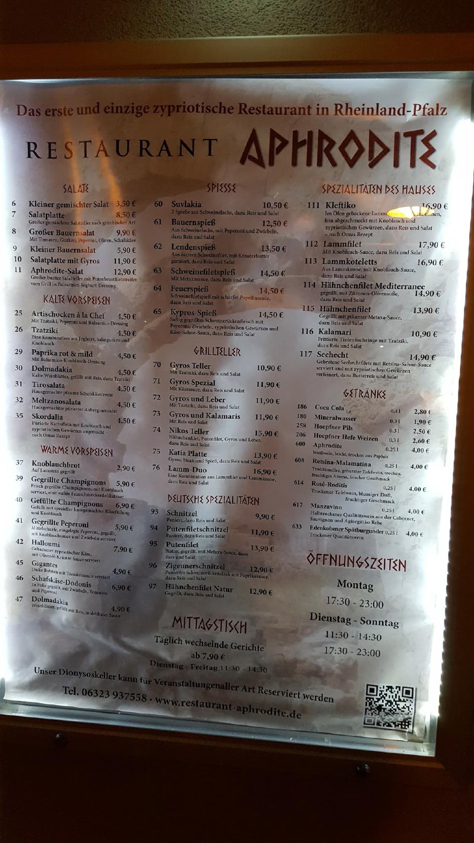 Speisekarte von Restaurant Aphrodite, Edenkoben