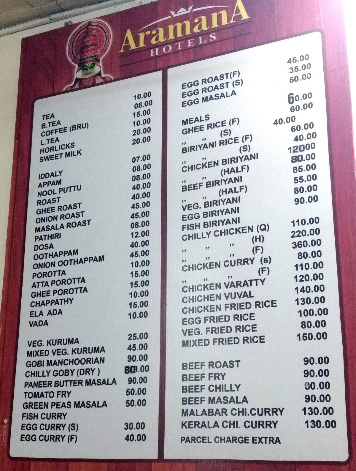 Menu at Aramana Hotel, Mannarkkad