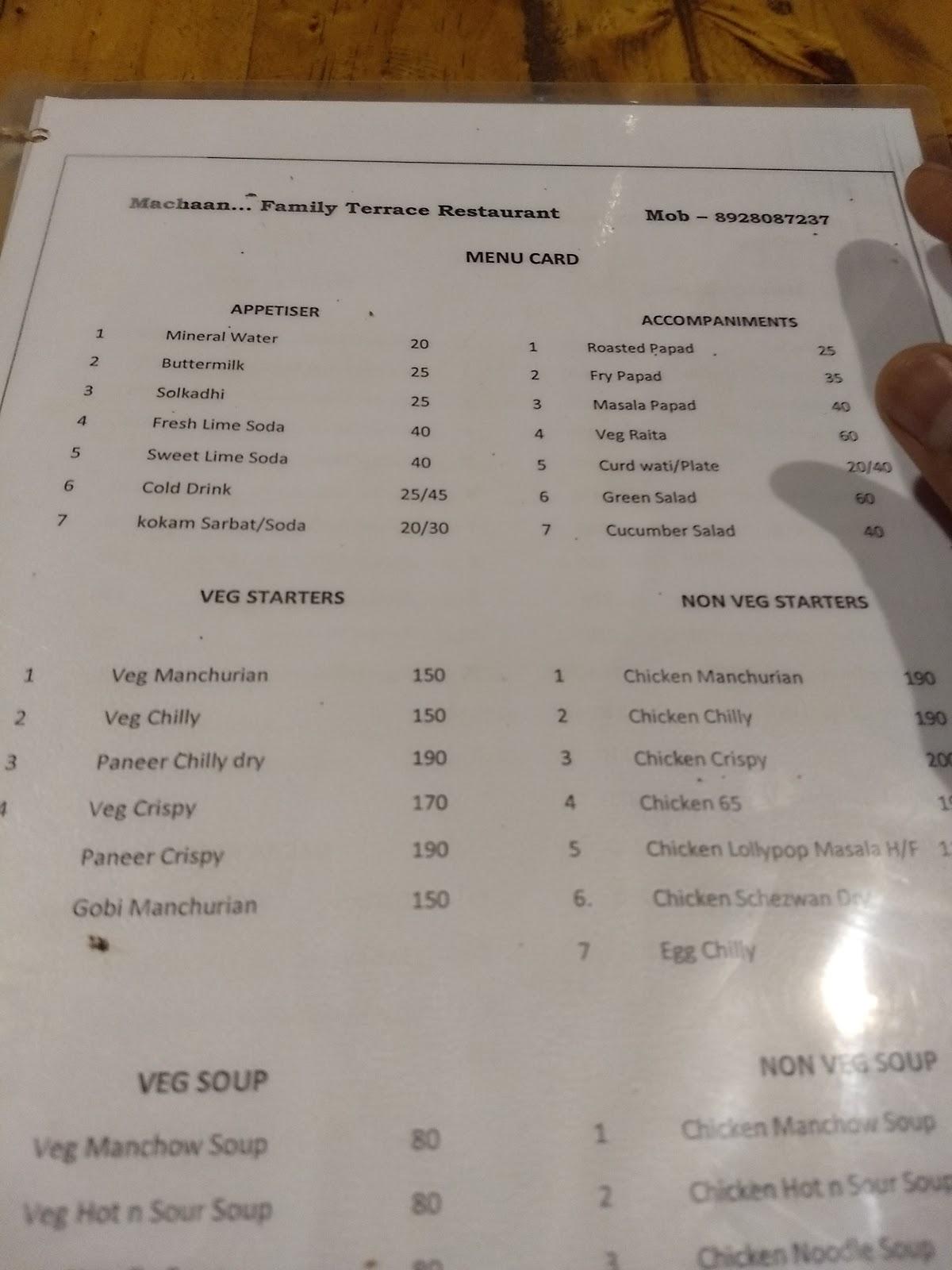 Menu at MACHAN Family Terrace Restaurant, Railway station, Ratnagiri ...