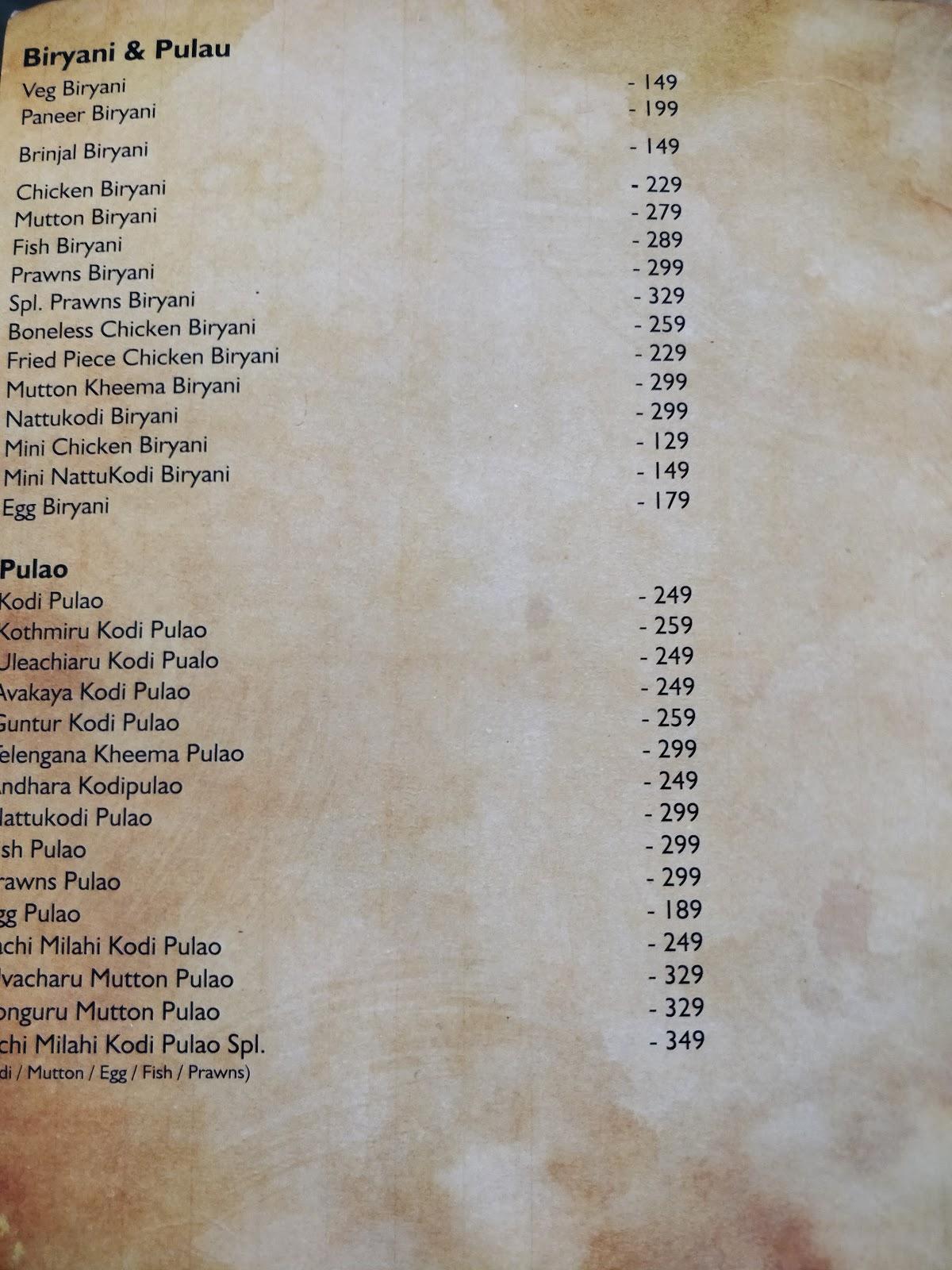 Menu at Pachi Pulusu Authentic Telugu Cuisine, Hyderabad, Street No. 2