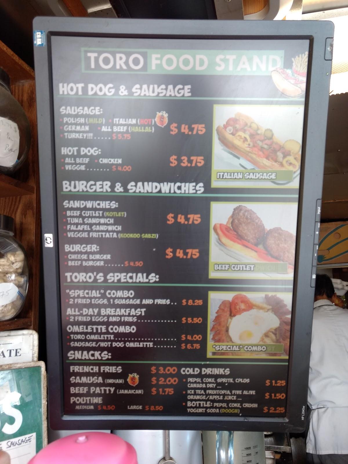 Menu at Toro Food Stand restaurant, Toronto