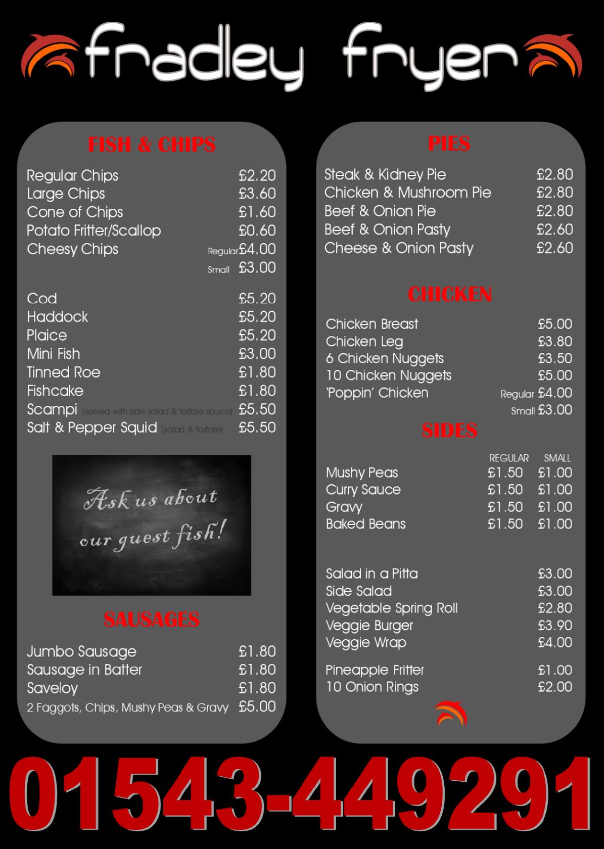 Menu at Fradley Fryer fast food, Lichfield, Tye Rd