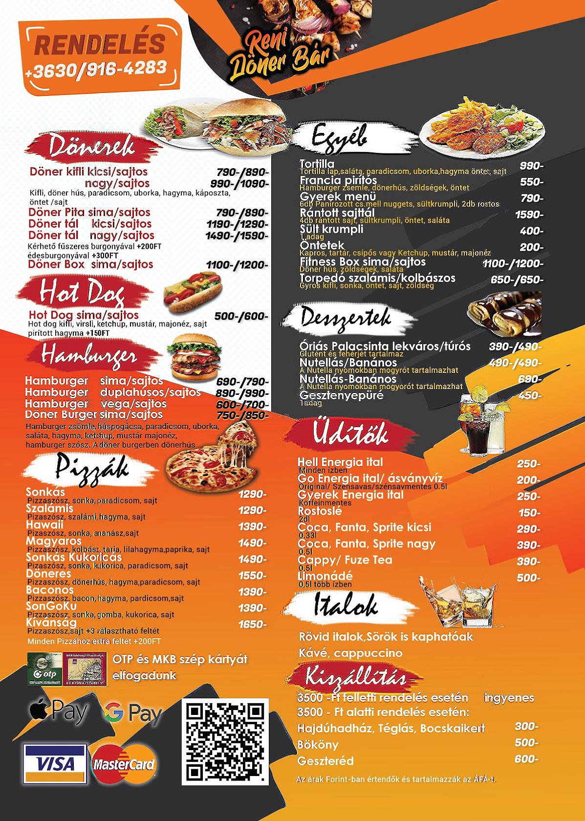 Menu at Reni Döner Bár restaurant, Hajdúhadház