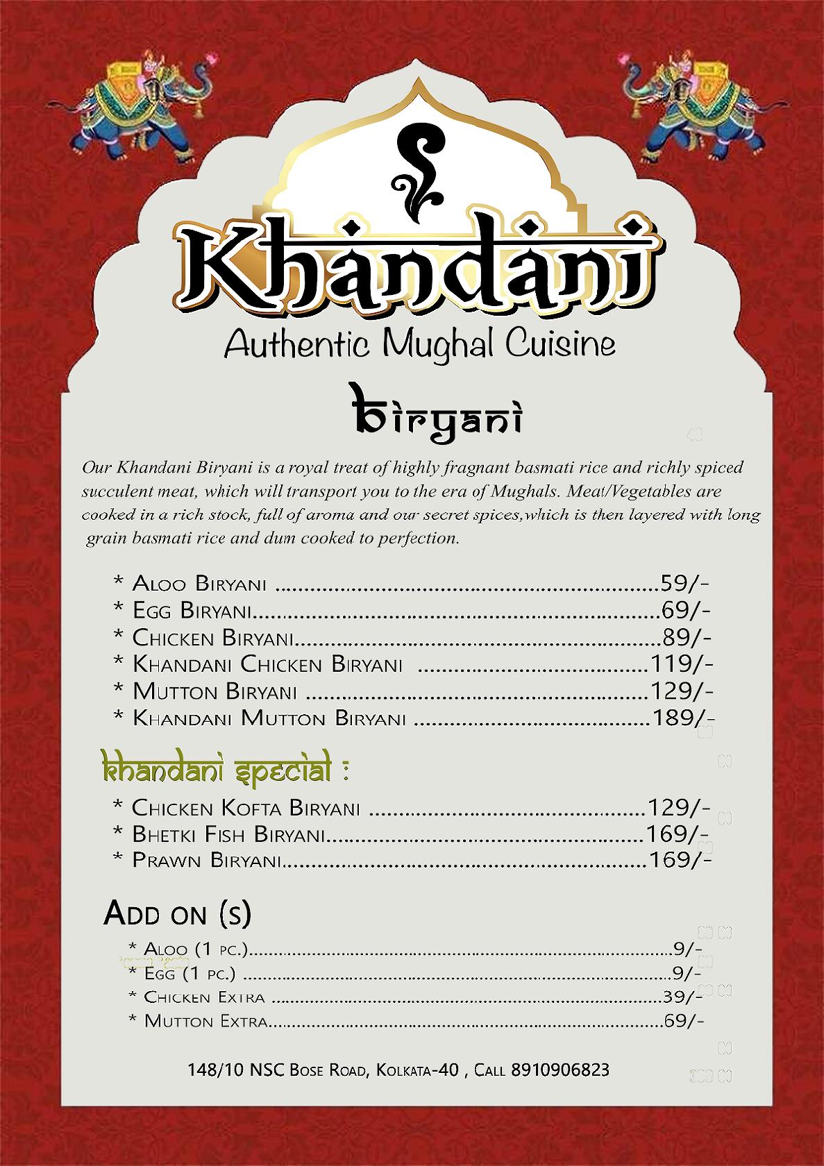 Menu at Khandani-Authentic mughal cuisine, Kolkata