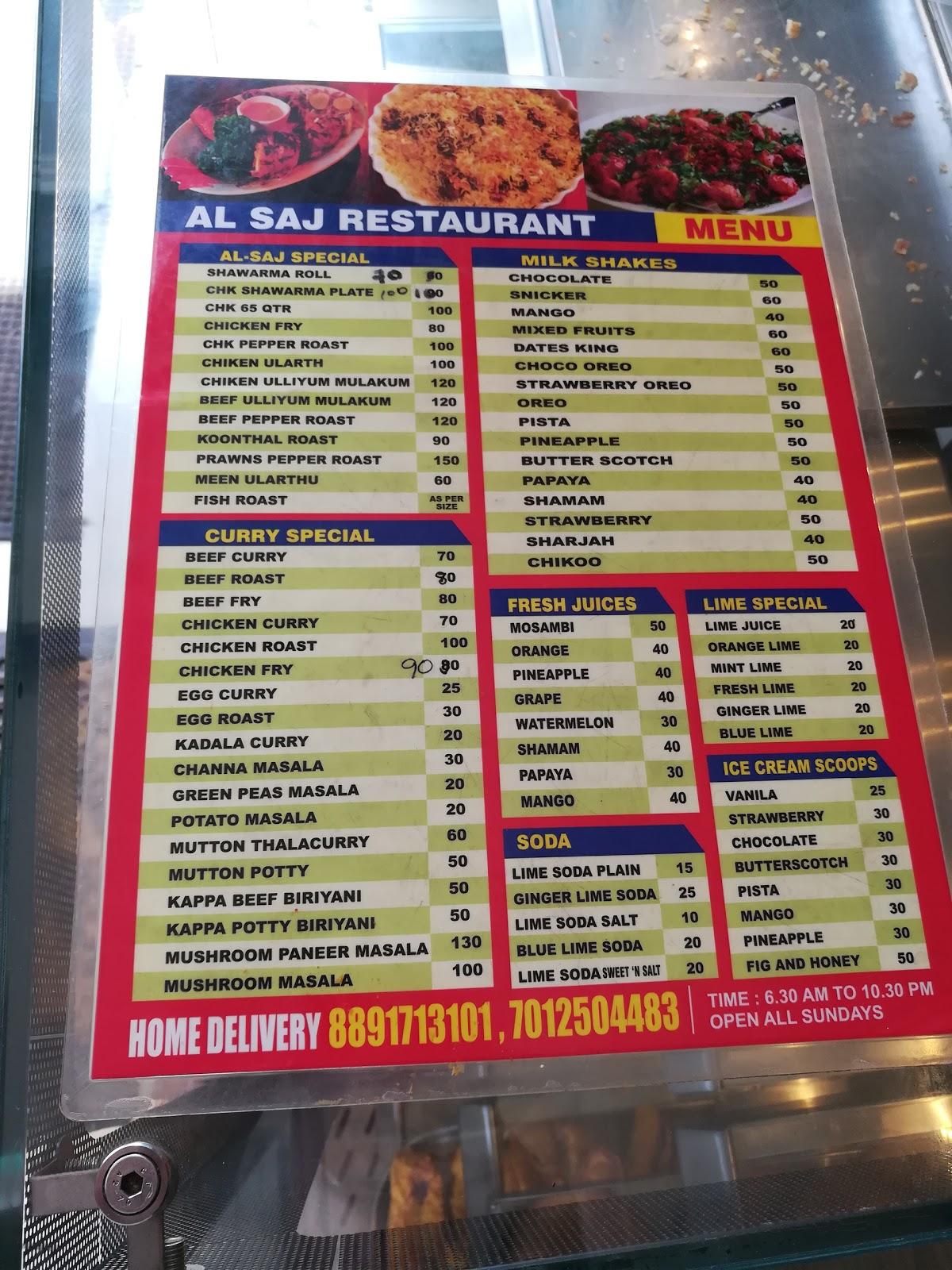 Menu at AL SAJ KITCHEN, Aluva, MINARVA GARDEN