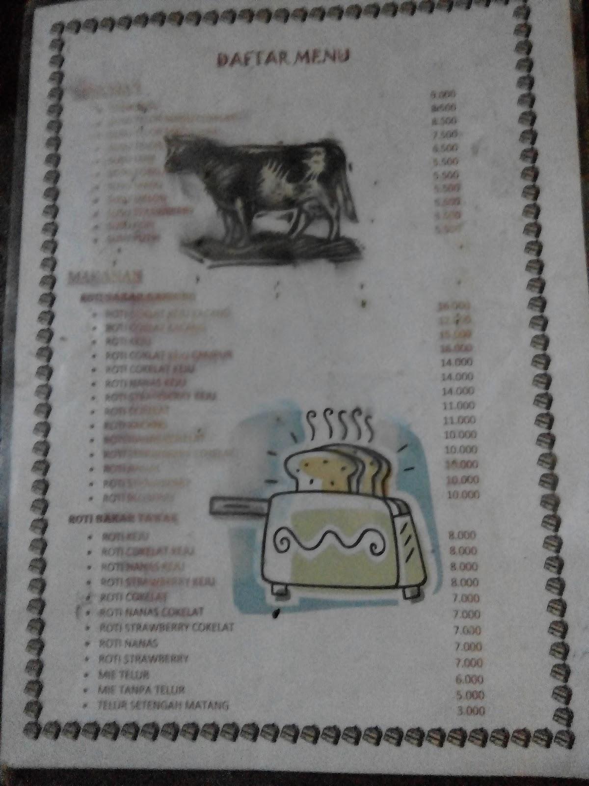 Carta del café Susu Segar Pak Kamso, Purwokerto