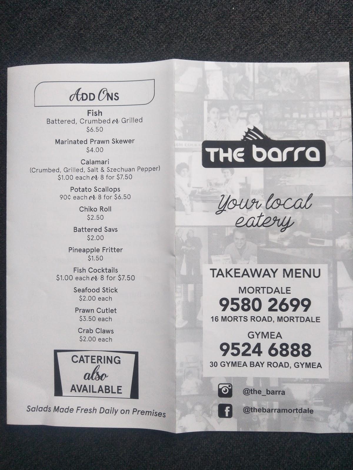 Menu at The Barra, Gymea