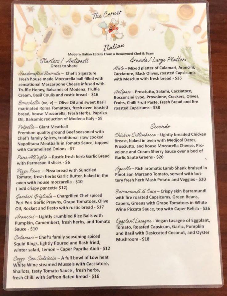 Menu at The Corner Italian restaurant, Subiaco, 484 Hay St
