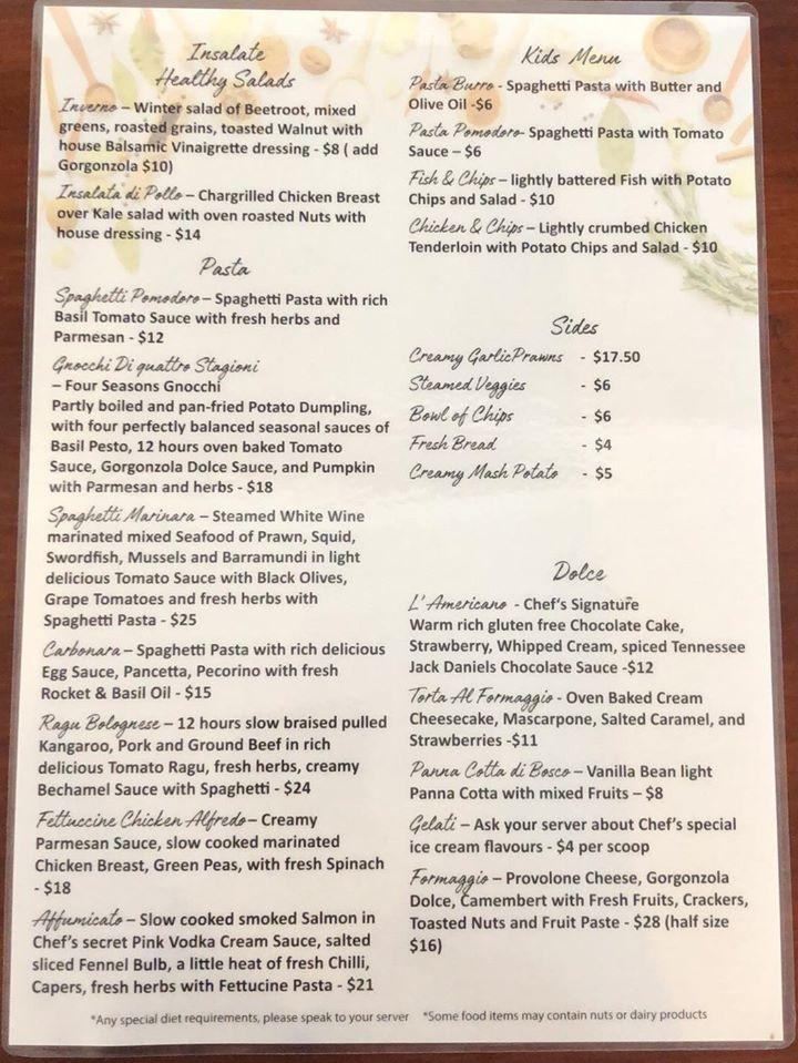 Menu at The Corner Italian restaurant, Subiaco, 484 Hay St