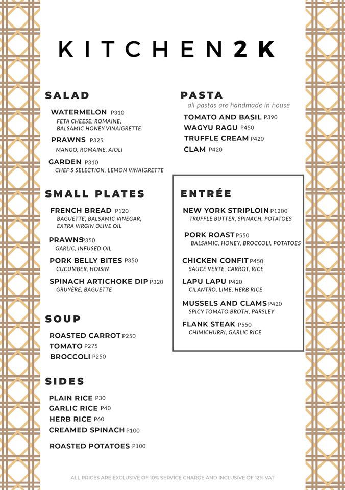 Menu at Kitchen 2K restaurant, Tacloban City