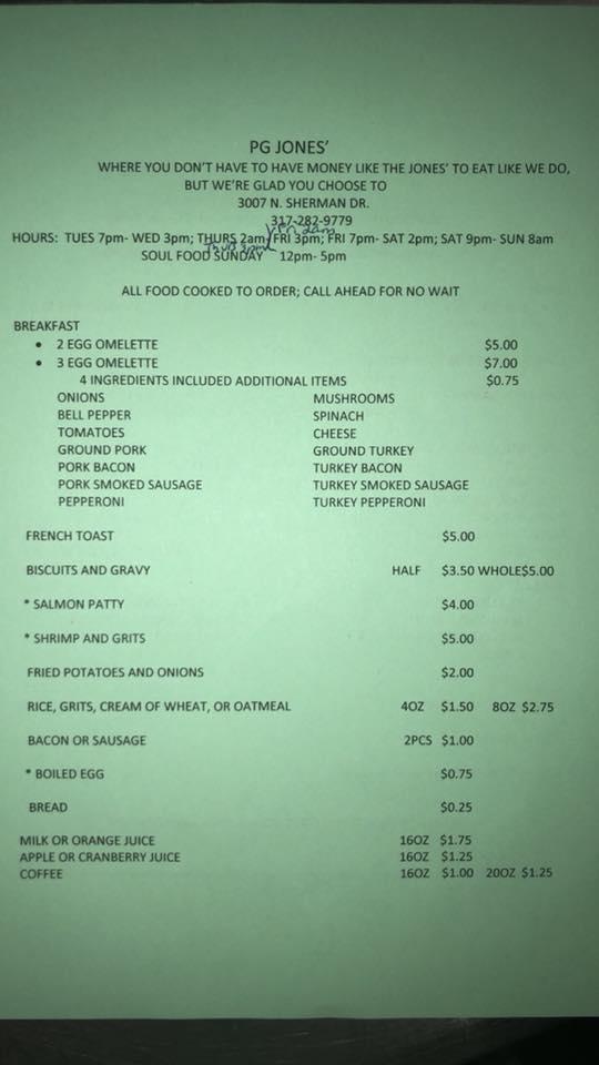 Carta del restaurante PgJones', Indianapolis