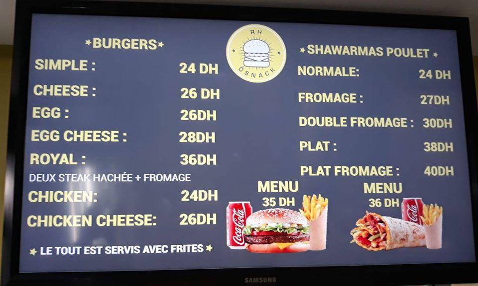 Menu au Ô Bon Snack restaurant, Maroc