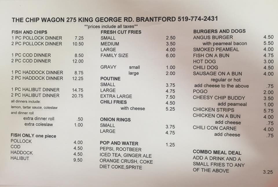 Menu at Brantford Chip Wagon restaurant, Brantford