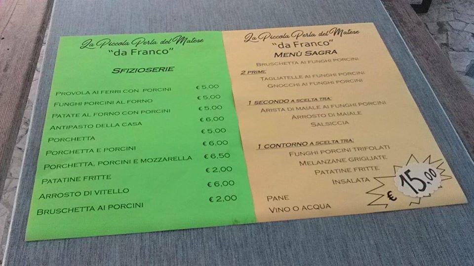 Menu da Sagra dei funghi, Cusano Mutri