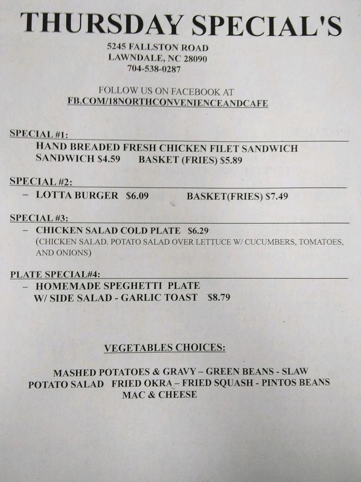 Menu at 18 North Convenience & Cafe, Fallston