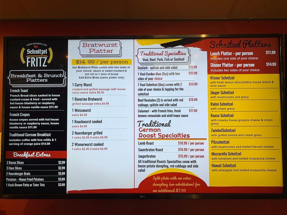 Menu at Schnitzel Fritz restaurant, Colorado Springs, Tutt Blvd