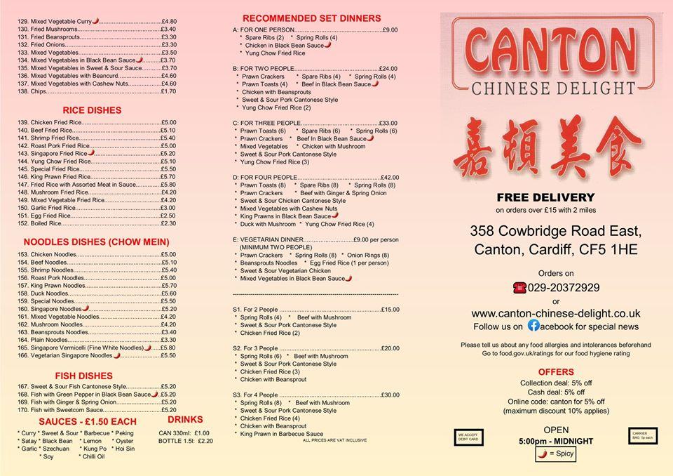 Menu at Canton Chinese Delight fast food, Cardiff, 358 Cowbridge Rd E