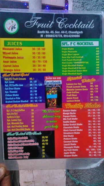 Menu at Fruit Cocktails, Chandigarh, Booth no. 45