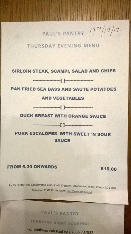 Menu at Llandrindod Conservative Club, Llandrindod Wells