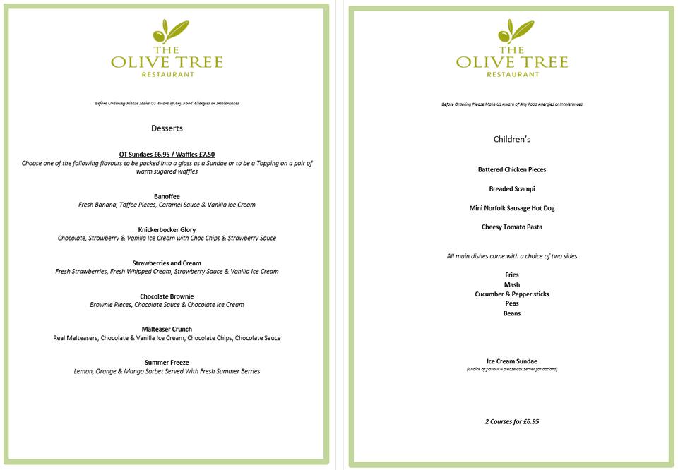Menu at The Olive Tree Restaurant, North Walsham