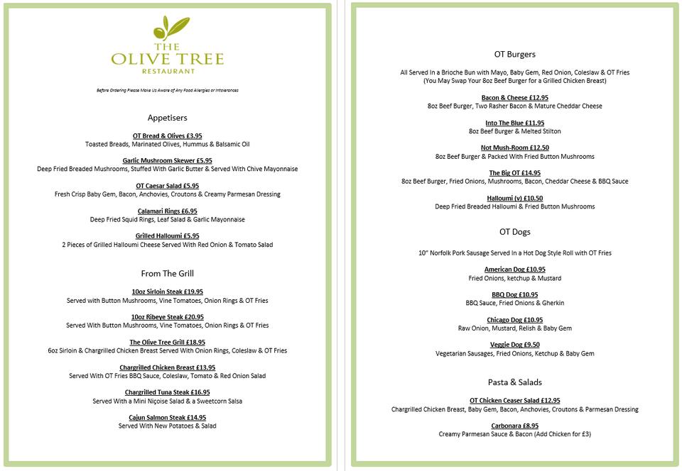 Menu at The Olive Tree Restaurant, North Walsham