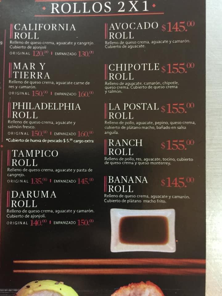 Menu at La Postal Sushi restaurant, Tijuana, Av. del Aguila Real