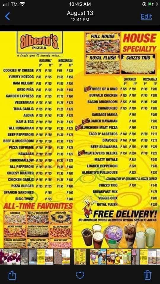 Menu at Alberto's Pizza Gensan pizzeria, General Santos City