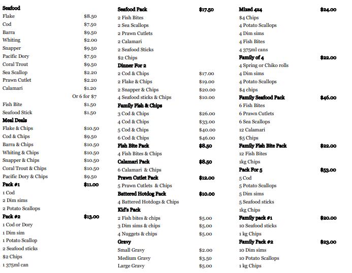 Menu at Point Vernon Takeaway restaurant, Hervey Bay