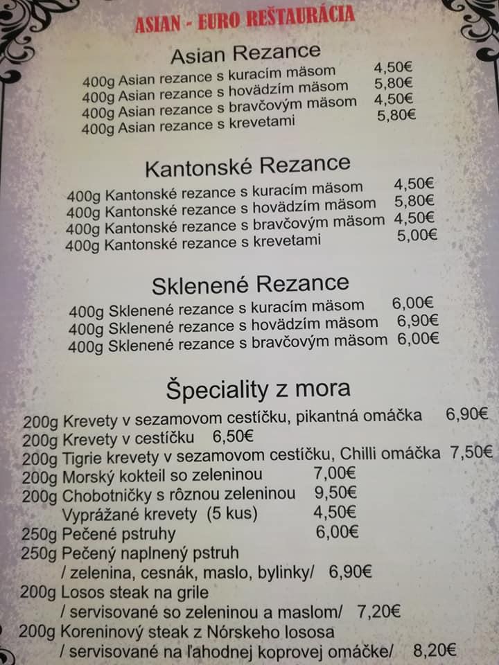 Menu at ASIAN - EURO Reštaurácia restaurant, Bratislava