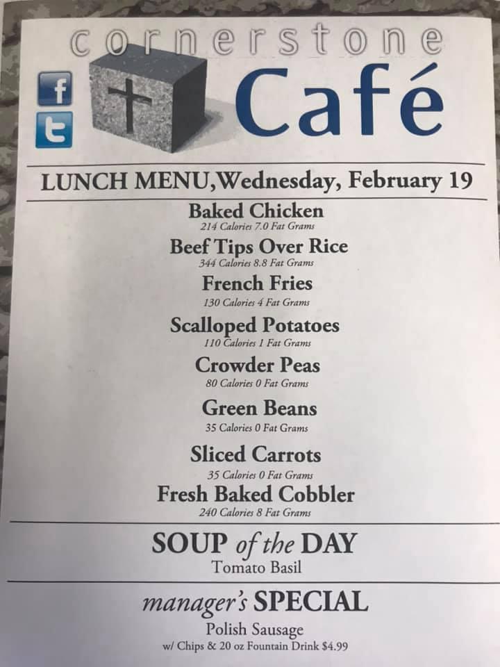 Menu at Cornerstone Cafe at Methodist Rehab, Jackson