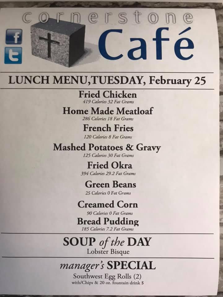 Menu at Cornerstone Cafe at Methodist Rehab, Jackson