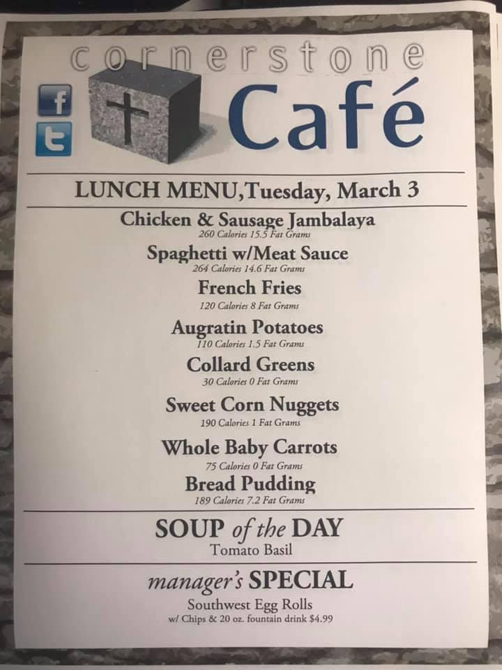 Menu at Cornerstone Cafe at Methodist Rehab, Jackson