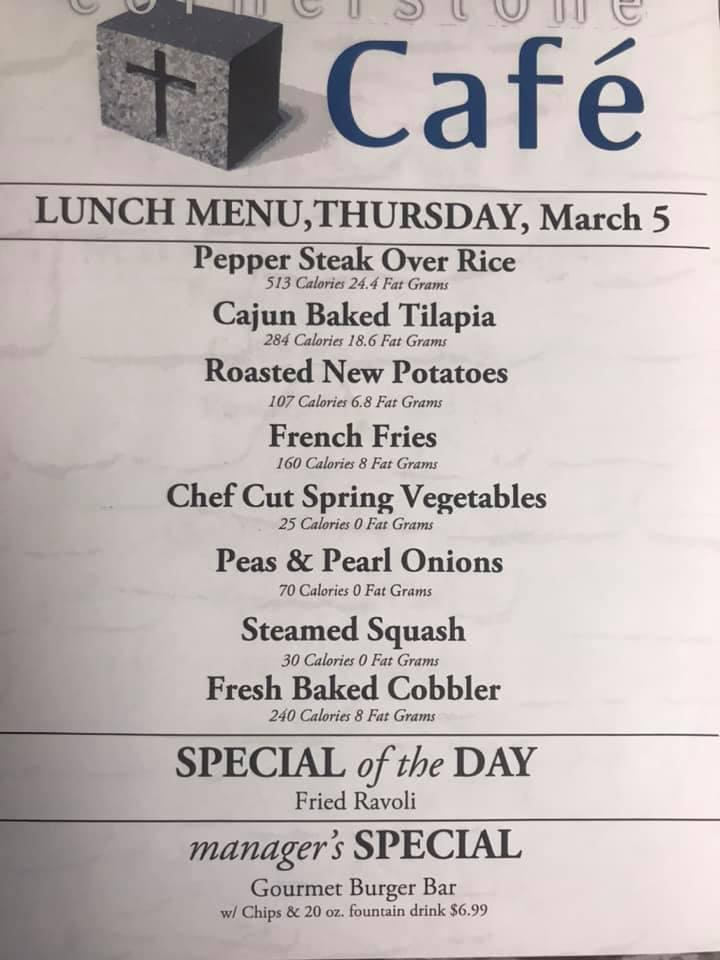 Menu at Cornerstone Cafe at Methodist Rehab, Jackson