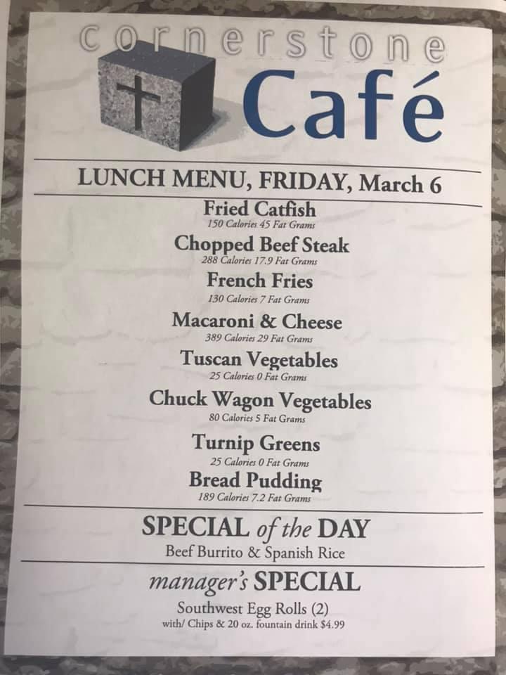 Menu at Cornerstone Cafe at Methodist Rehab, Jackson