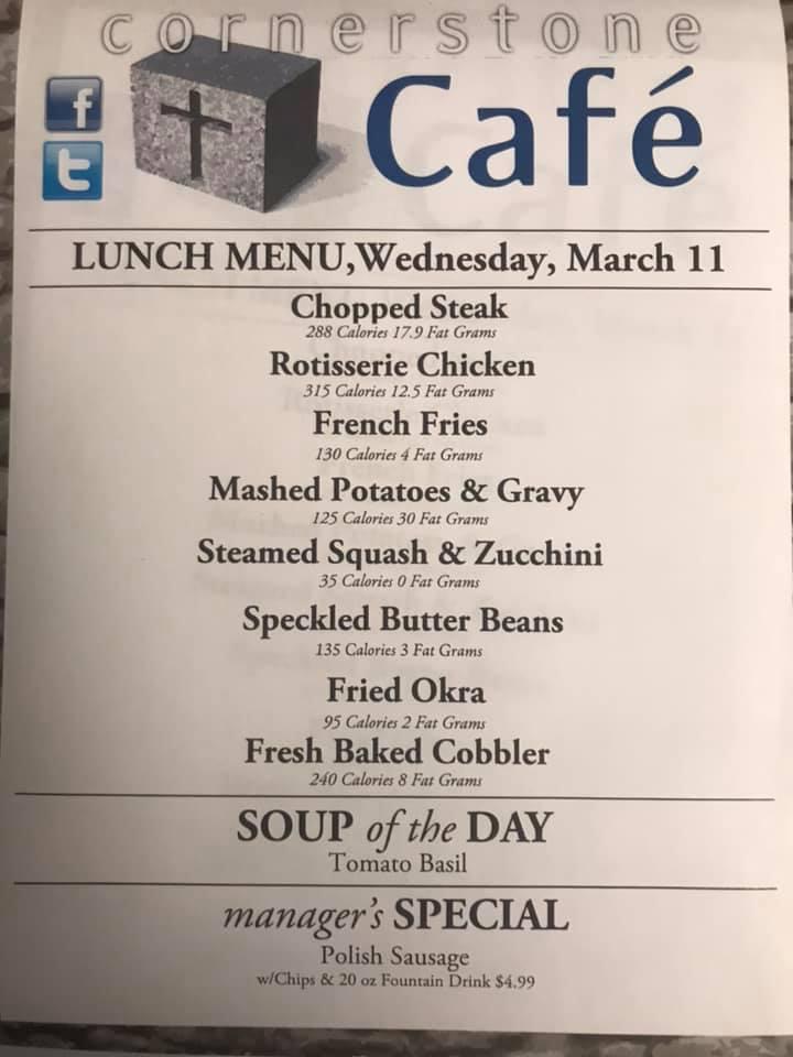 Menu at Cornerstone Cafe at Methodist Rehab, Jackson