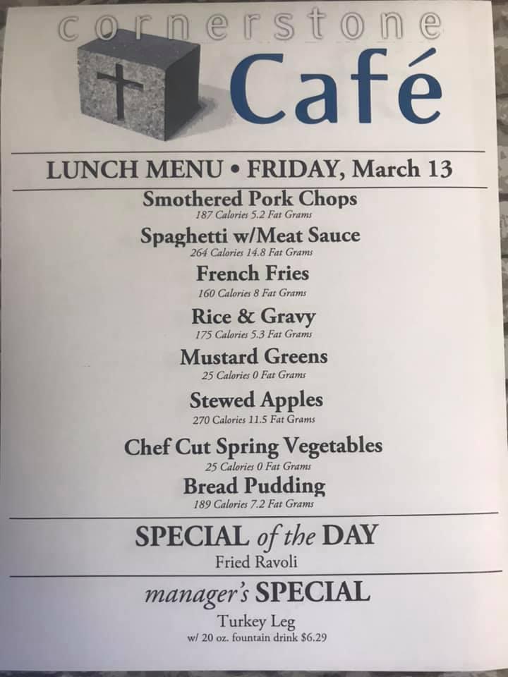 Menu at Cornerstone Cafe at Methodist Rehab, Jackson