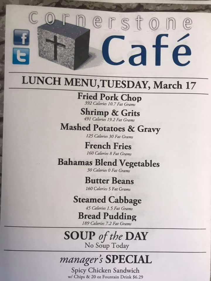 Menu at Cornerstone Cafe at Methodist Rehab, Jackson