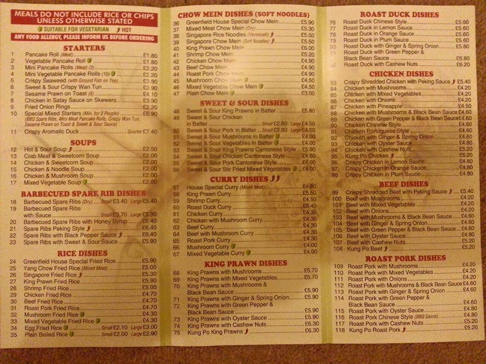 Menu at Green Fields Chinese Take Away restaurant, Bow Street